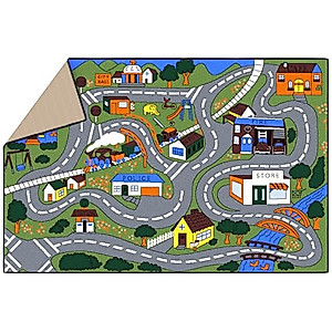 Ottomanson Jenny Collection Non-Slip Rubberback Educational Town Traffic Play Design 3x5 Kid's Area Rug, 3'3" x 5', Green/Multicolor