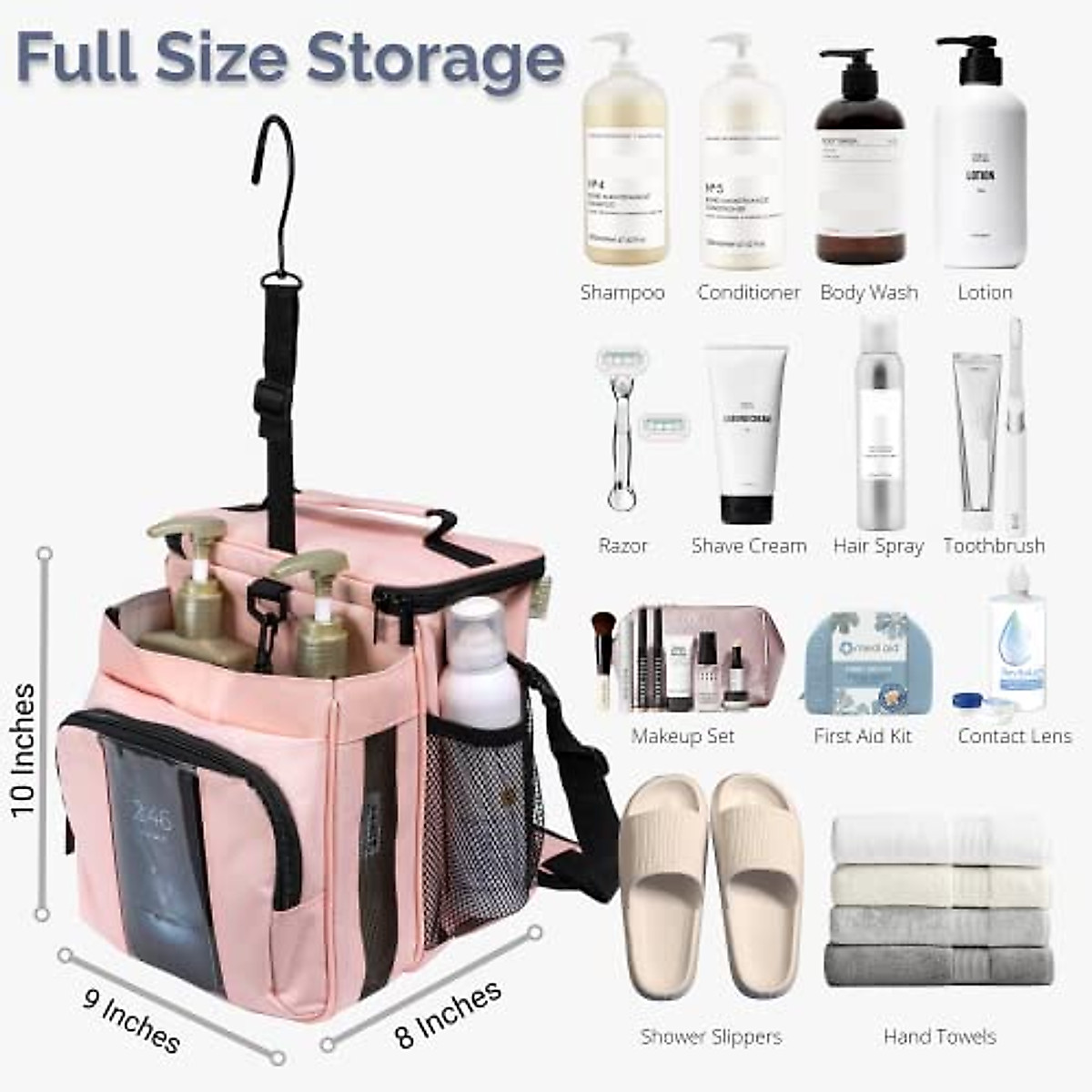 TERRA HOME XL Dorm Room Essentials for Girls and Guys with Extra Storage, Durable Mesh Bottom, Shoulder Strap, Keychain Holder and More - Bathroom - College - Travel Vacation Essentials (Blush Pink)