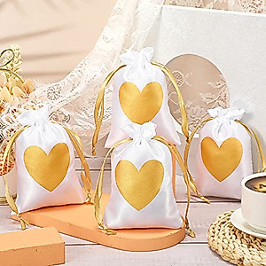 50 Pcs Heart Satin Gift Bags with Drawstring 4 x 6 Inch White Satin Gift Bags Jewelry Pouches Candy Party Decor Bags for Wedding Baby Shower DIY Craft Soap Makeup