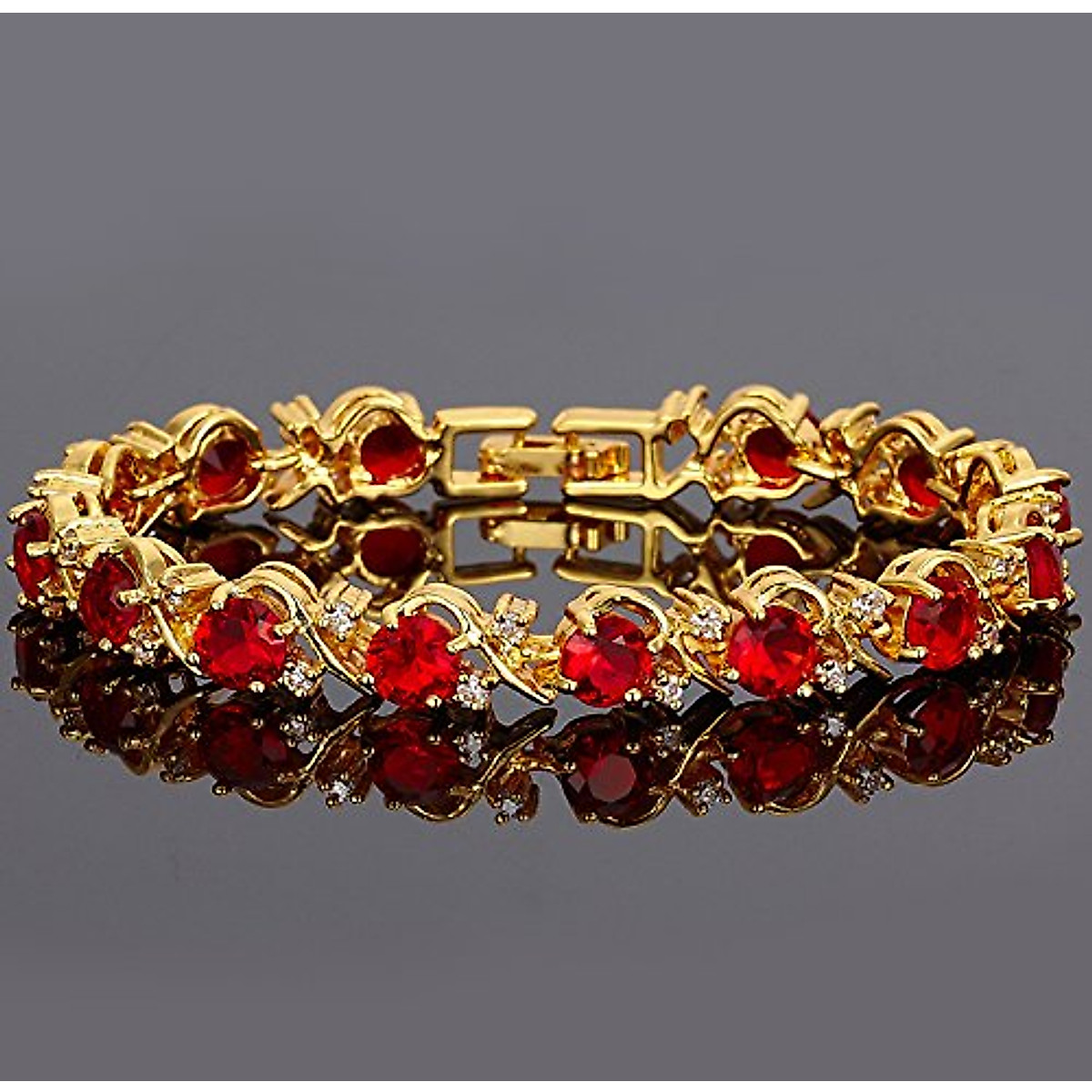 RIZILIA BLOSSOM Tennis Bracelet & Round Cut CZ [Simulated Red Ruby] in Yellow Gold Plated, 7"