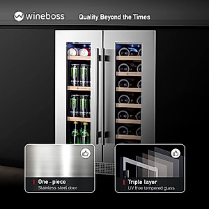WINEBOSS 24 Inch Wine and Beverage Refrigerator, 20 Bottle & 88 Cans Dual Zone Beverage Fridge, Built-in Cabinet Wine Cooler, Freestanding Drink Chiller with Upgraded Compressor for Commercial Office