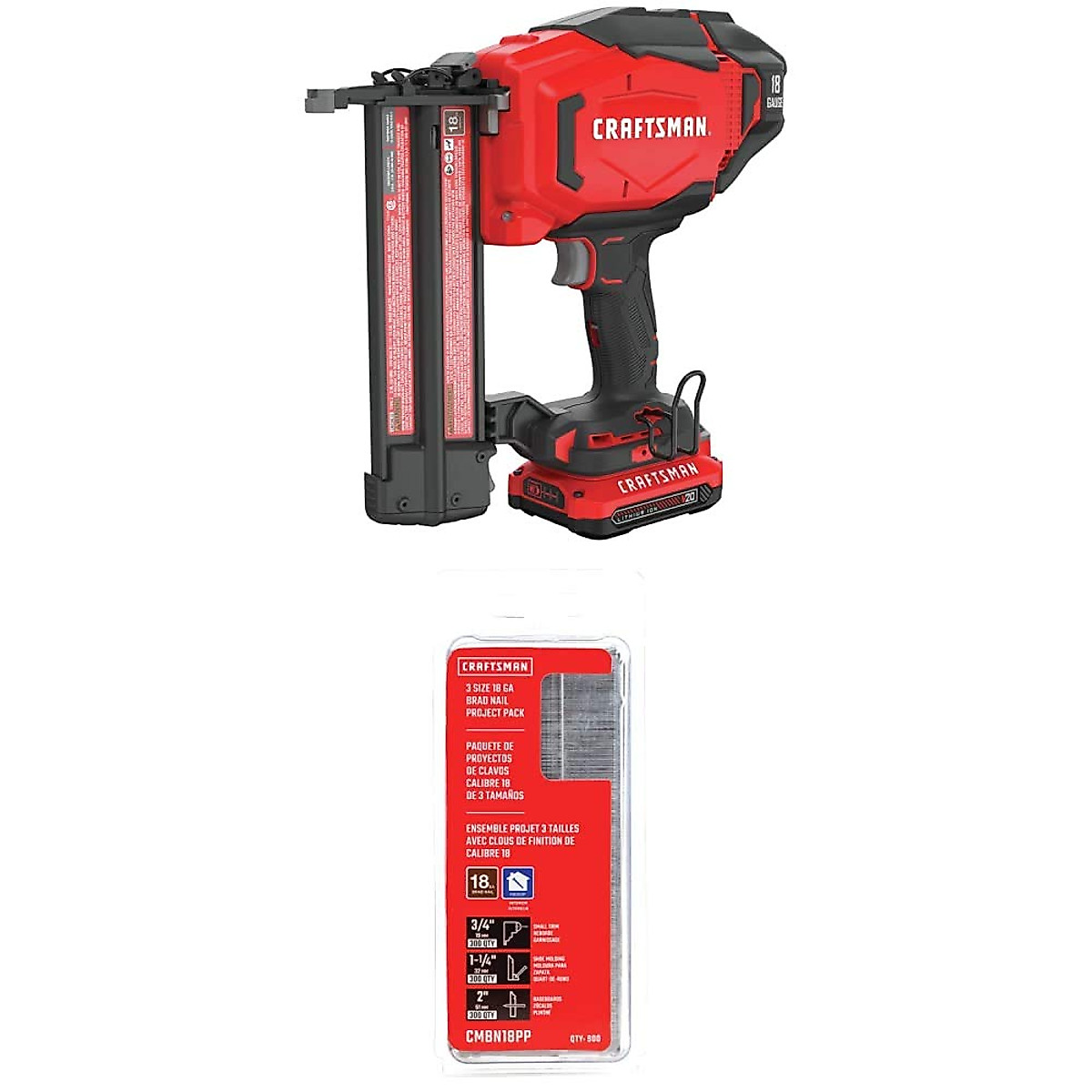 CRAFTSMAN V20 Cordless Finish Nailer Kit, 18GA with Brad Nails Project Pack (CMCN618C1 & CMBN18PP)
