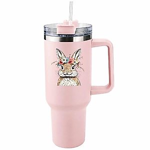 LB LEOBON 40 ounce insulated cup with handle, double-layer vacuum stainless steel material, equipped with straw, can keep warm or maintain cold drinks Easter Rabbit H Light pink