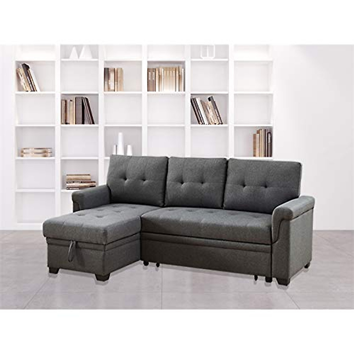 Lilola Home Destiny Dark Gray Linen Reversible Sleeper Sectional Sofa with Storage Chaise