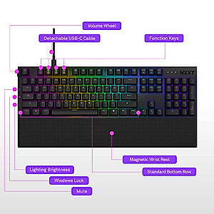 NZXT Function Full-Size USB Gaming Keyboard – Gateron Red Mechanical Switches: Linear, Fast, and Quiet – Hot-Swappable – RGB Backlit – Aluminum Top Plate – Sound Dampening Foam – Wrist Rest – Black