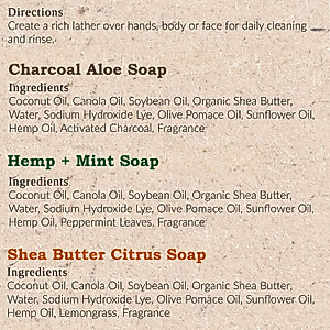 DR. HEMPSTER Hemp Soap Bar Variety 3 Pack - Activated Charcoal and Aloe Soap, Hemp and Mint Soap, Shea Butter and Citrus Soap - 5 oz Bars