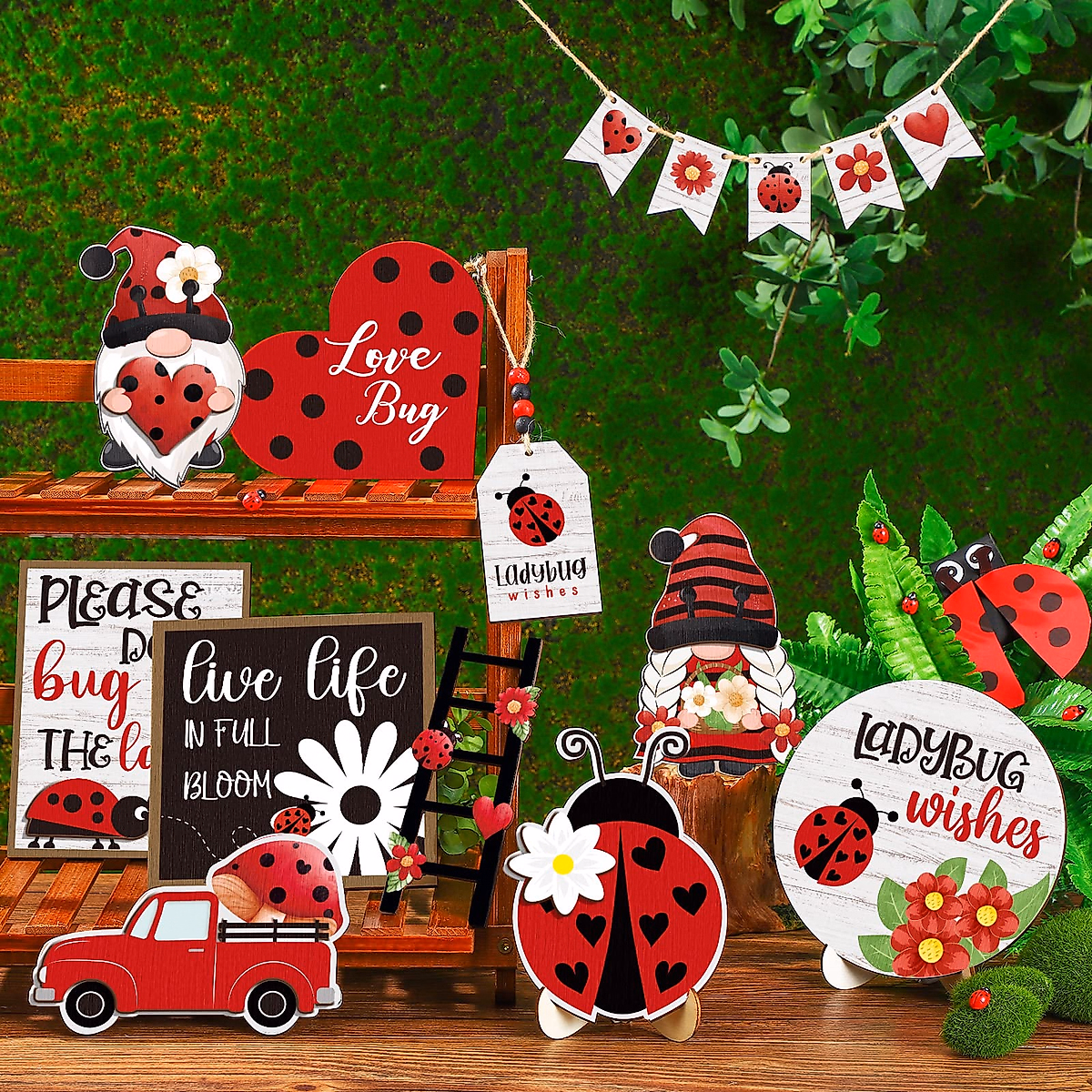 Maitys 15 Pieces Ladybug Tiered Tray Decor Set Spring Summer Wooden Blocks Sign Rustic Farmhouse Decor Ladybird Tiered Tray Decorative Trays Signs for Home Kitchen Shelf Table Decorations