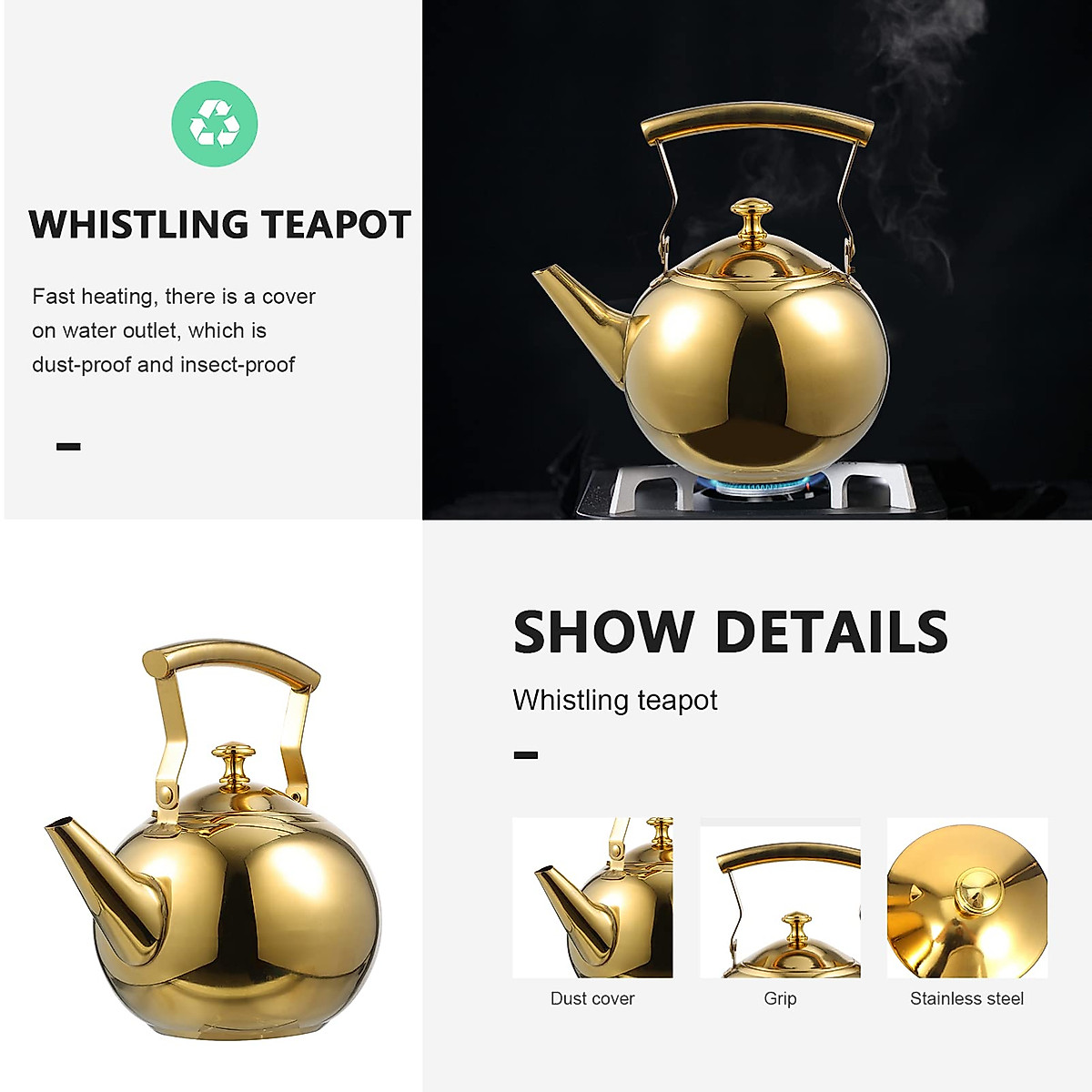 DOITOOL Heavy Duty Tea Kettle Stovetop Whistling Tea Kettle Stainless Steel Teapot for Stovetop with Handle and Infuser 1L Gold