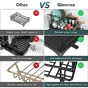 Qienrrae Dish Drying Rack with Drainboard Set, Stainless Steel 2 Tier Black Dish Rack with Drainage for Kitchen Counter, Large Dish Drainers with Wine Glass Holder, Utensil Holder and Extra Dryer Mat