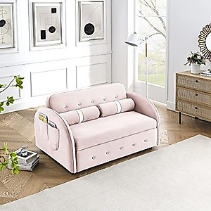Holaki 55.5" Pull Out Sleep Sofa Bed,Modern Multi-Function Velvet Couch Bed Loveseat with Adjustable Backrest,Side Pocket and 2 Lumbar Pillows,Sleeper Sofa for Living Room Office Apartment(Pink)