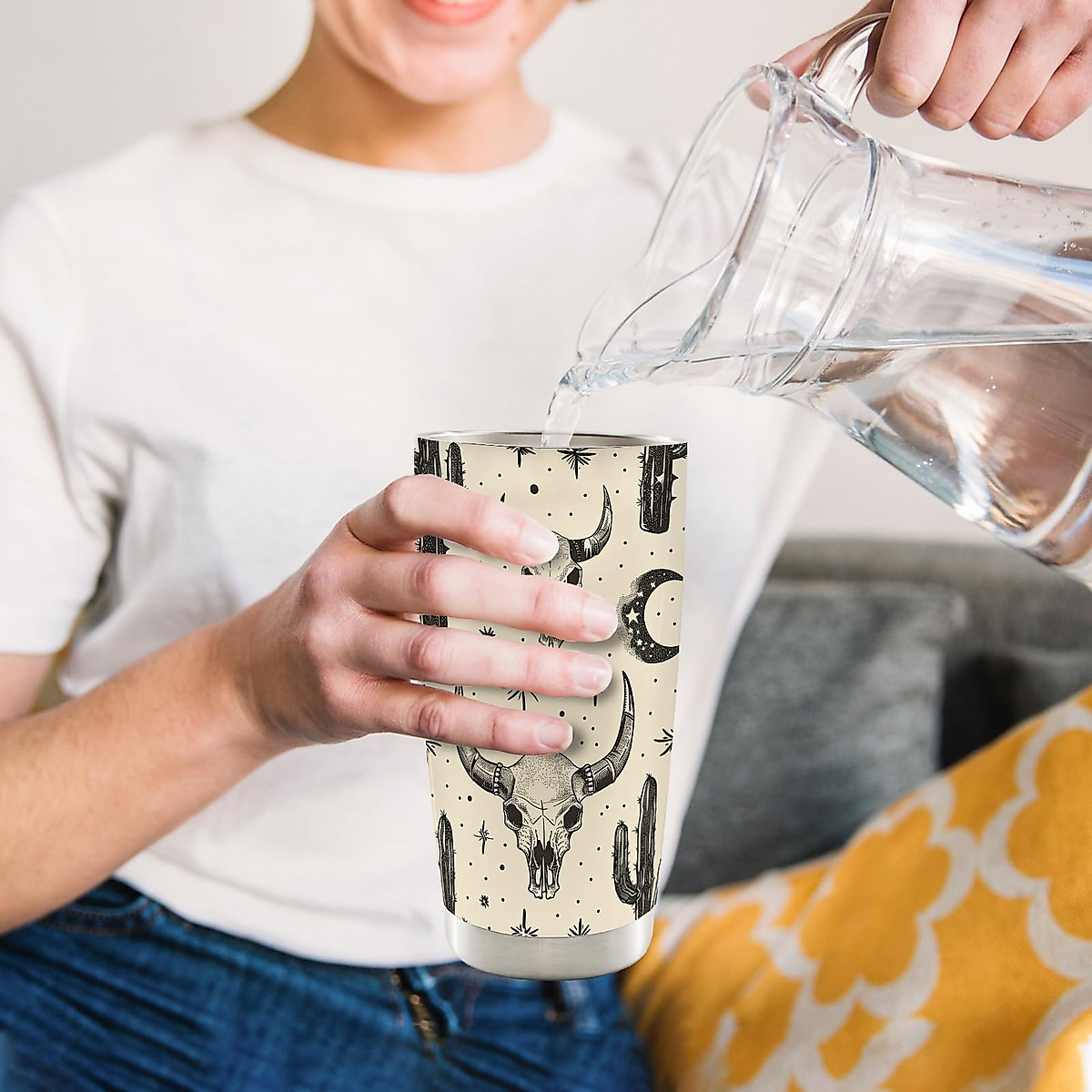 MOTERMATE Western Cow Skull 20oz Travel Coffee Mug Tumbler, Western Gifts for Women Coworker Him, Cowgirl Gifts, Desert Water Stainless Steel Tumbler with Lid and Straw