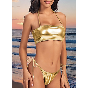 Metallic Bikini for Women - Sexy Shiny Swimsuits Detachable Strap Halter Tube Bandeau Top Side Tie Thong Bottom Set(Gold, XS, 10256e)