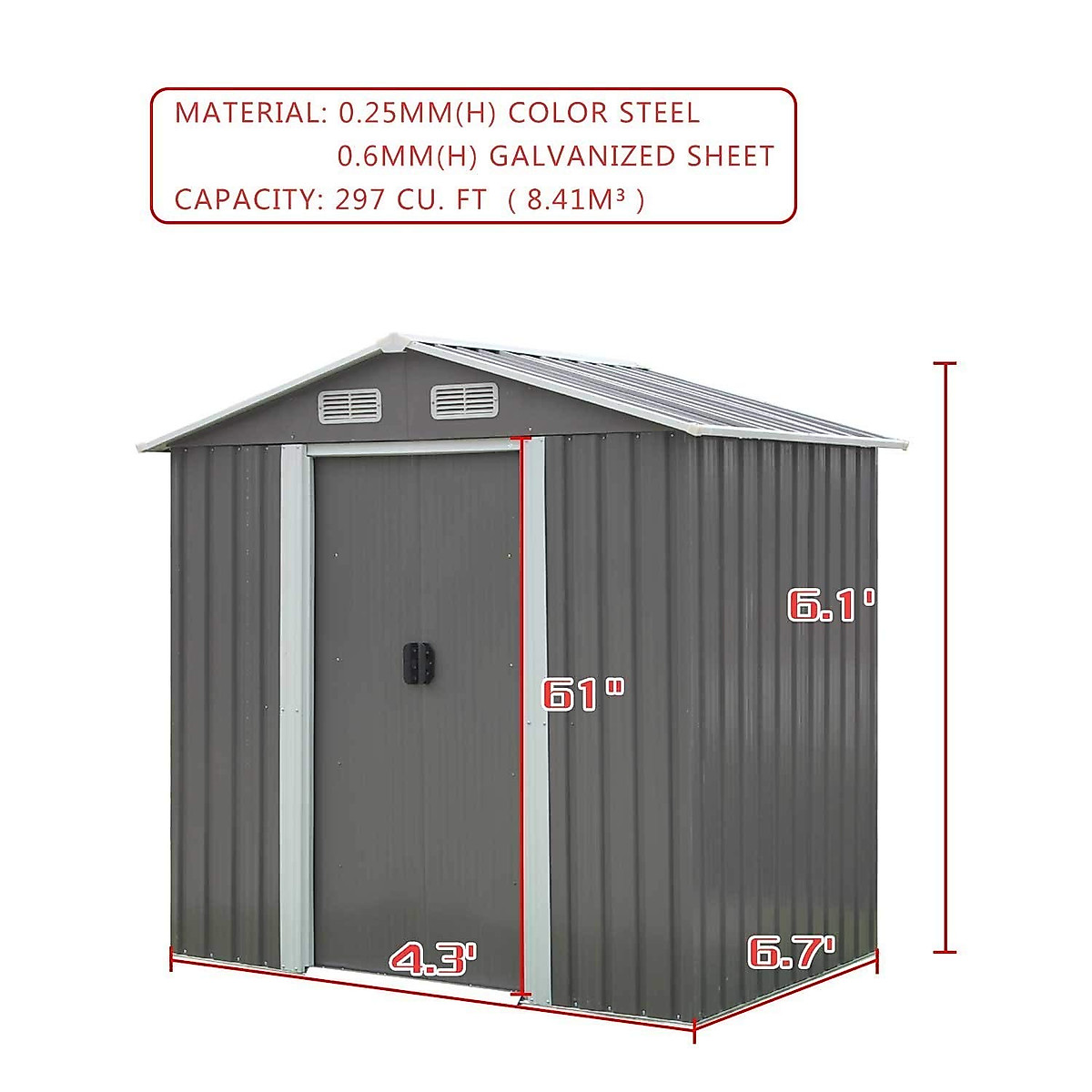 Outdoor Storage Shed 6 x 4 Feet Utility Tool Shed Garden Vents kit with Waterproof Garage Galvanized Steel Parts with Grey Sliding Grey Doors