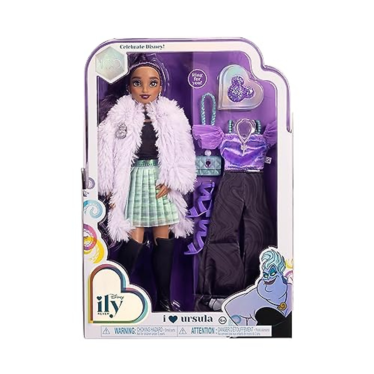 Disney ily 4EVER Dolls Disney 100 - Ursula 11.5" Tall with 13 Points of Articulation, Two Complete Mix-and-Match Outfits and Glittery Mickey Ring for You!