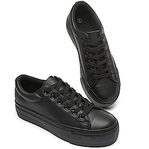 BABUDOG Womens Synthetic Leather Platform Sneakers,White Platform Shoes,Lace-up Tennis Shoes for Women,Comfortable Casual Shoes(Full Black.US6)