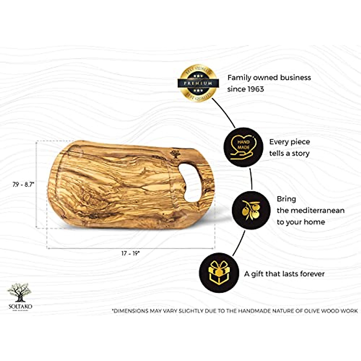 SOLTAKO Olive Wood Cutting Steak Board, Wooden Charcuterie Board, Large Cheese Board, Hand Made Serving Platter, Rustic Chopping Board with Juice Groove, Chopping Board with Handle (17,7")