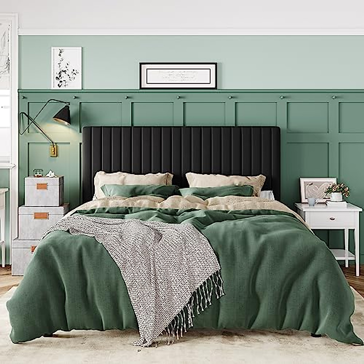 Allewie Queen Bed Frame, Velvet Upholstered Platform Bed with Adjustable Vertical Channel Tufted Headboard, Mattress Foundation with Strong Wooden Slats, Box Spring Optional, Easy Assembly, Black