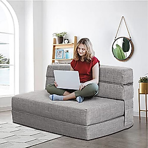 ANONER 60" Folding Sleeper Chair Sofa Bed Lazy Couch with 2 Pillows, Queen Size Memory Foam Washable Cover, Light Gray