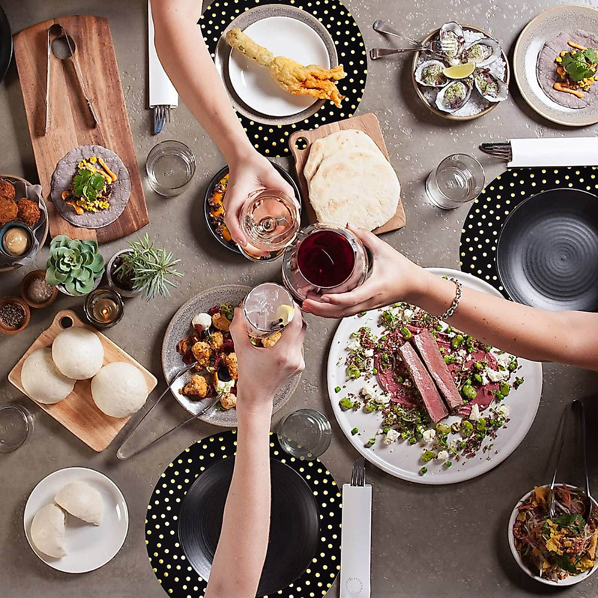 50 Pcs 14 Inch Black and Gold Foil Paper Place Mats Golden Polka Dots Round Placemats Disposable Decorative Table Mats for Wedding Banquet Party Home Dining Table Decor