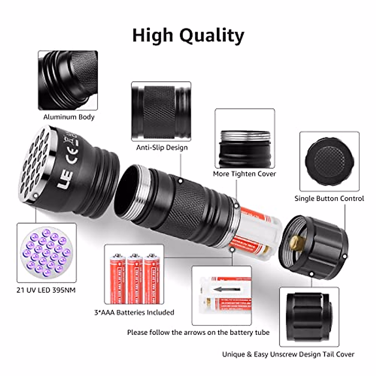 LE Black Light Flashlight, Small UV Lights with 21 LEDs, 395nm, Ultraviolet Light Detector for Invisible Ink Pens, Pet Dog Cat Urine Stain and More, AAA Batteries Included