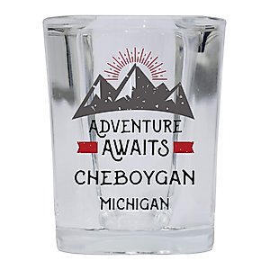 R and R Imports Cheboygan Michigan Souvenir 2 Ounce Square Base Liquor Shot Glass Adventure Awaits Design