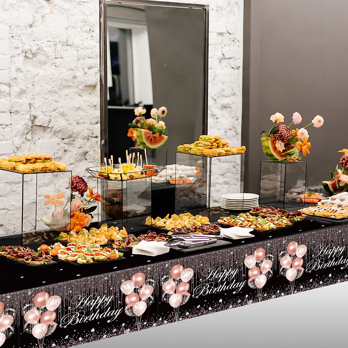 3pcs Black Rose Gold Birthday Tablecloths Rose Gold and Black Party Decorations Pink Sequin Plastic Table Cover Glitter Diamonds Happy Birthday Supplies for Girl Women Birthday Wedding Party