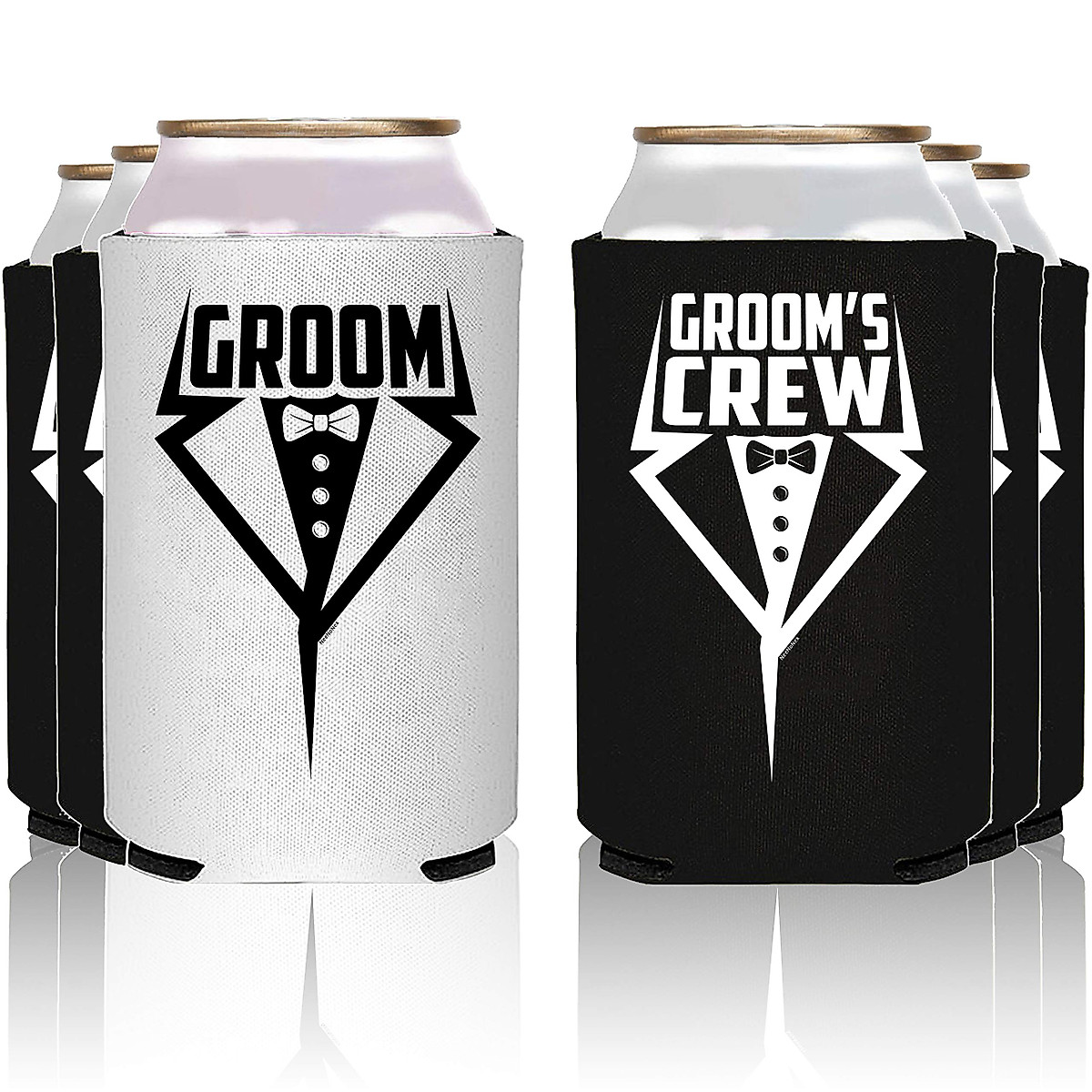 Groom and Groom's Crew Tuxedo Insulated Can Coolie Coolers (Groom + Groom'sCrew Tux - 6 Pack)