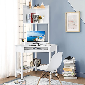 COSTWAY Corner Desk with Hutch, Compact Corner Computer Desk, Study and Writing Table with Keyboard Tray & Bottom Shelves, Space-saving Laptop PC Desk for Small Space, Home, Bedroom, Apartment (White)