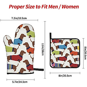 Pajamas Dachshund Pattern Oven Mitts and Pot Holders Sets of 4,Resistant Hot Pads Non-Slip BBQ Gloves for Kitchen,Cooking