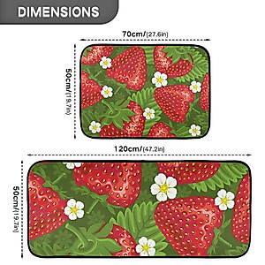 BOENLE Kitchen Rugs and Mats Non Skid Washable Kitchen Rug Set 2 Piece Strawberry and Leaves on Green Background Carpet Ergonomic Comfort Standing Mat for Kitchen,Bathroom, Laundry