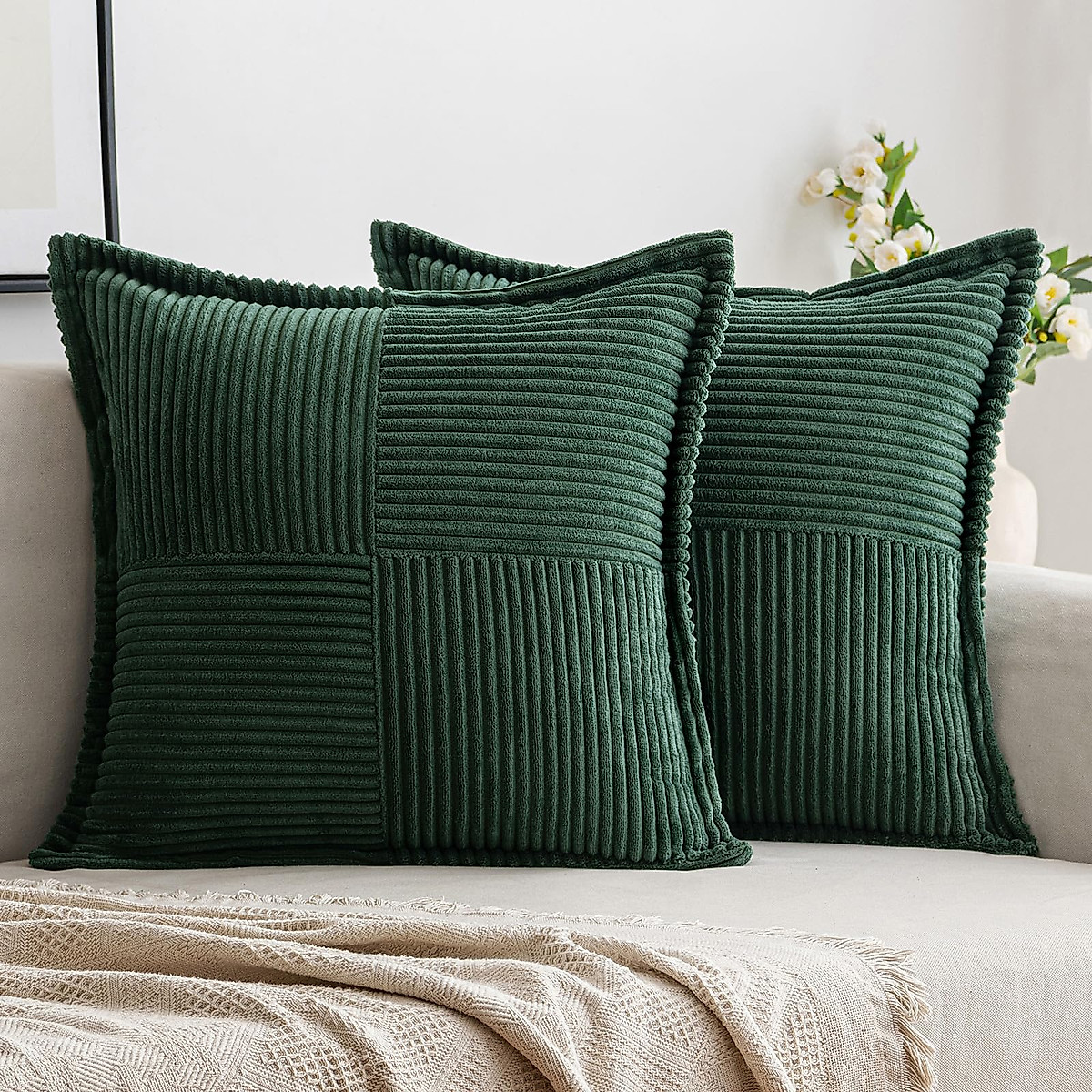 Woaboy Corduroy Pillow Covers 18x18 Inch Dark Green Set of 2 Super Soft Boho Striped Couch Covers Broadside Splicing Decorative Textured Throw Pillows for Cushion Livingroom