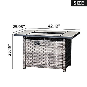 OVIOS Fire Pits 42 Inch Outdoor Gas Fire Pit Table, 50,000 BTU Steel Fire Pit with Lid and Volcanic Rock Wicker Rattan Patio Coffee Table for Backyard Deck Balcony (Grey-Large Rectangle)