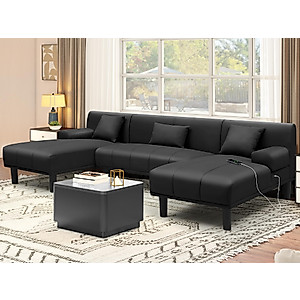 YITAHOME Sectional Couches for Living Room, U Shaped Sofa Faux Leather Modern Couch with USB & Type C Charging Ports Double Chaise and Comfy Upholstered, Black