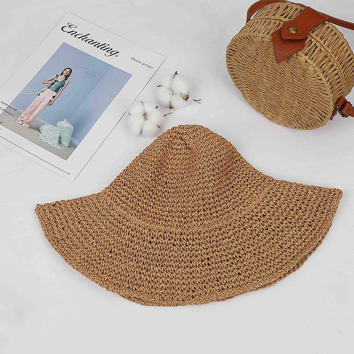 Women Straw Hat Wide Brim Beach Sun Cap Foldable Large Lady Floppy 100% Natural Paper Braided for Travel Decoration Summer Vacation Soft Lightweight and Breathable (Brown)