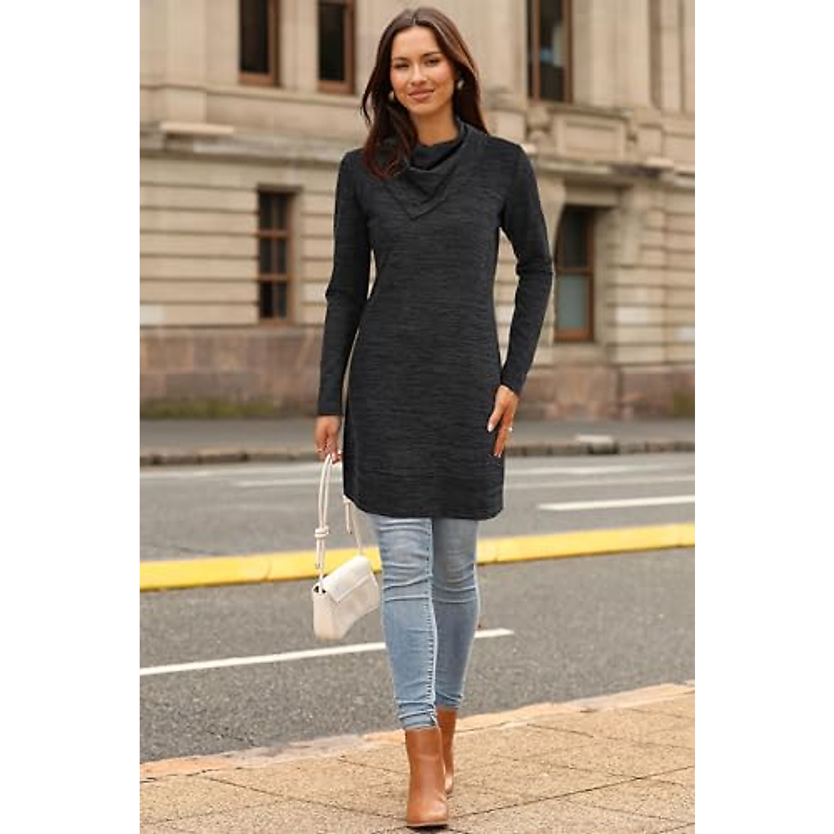 STYLEWORD 2024 Fall Sweater Dress Women's Tunic Tops for Leggings Long Sleeve Cowl Neck Elbow Patchs Casual Sweatshirts(Black3197,L)