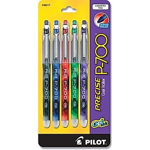 PILOT Precise P-700 Gel Ink Rolling Ball Stick Pens, Marbled Barrel, Fine Point, Black/Blue/Red/Green/Purple Inks, 5-Pack (38617)