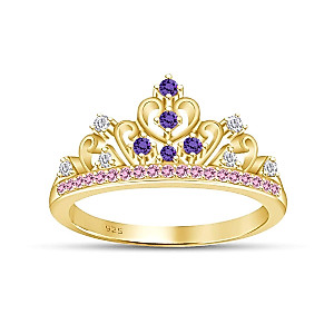 AFFY Round Cut Simulated Multi Stone Rapunzel Princess Style Engagement Wedding Crown Ring in 14k Yellow Gold Over Sterling Silver with Ring Size 7