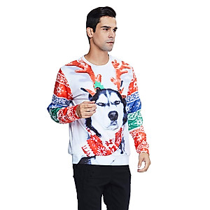 RAISEVERN Ugly Christmas Sweater for Men Women Funny Xmas Dog Husky Scarf Sweatshirt Holiday Festive Long Sleeve Winter Reindeer Pullover Top