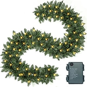 ENVEN 9FT Prelit Christmas Garland Artificial PE Mixed Pine Garland Decoration 50 LED Battery Operated Warm Lights and Timer Xmas Garlands Decor Walls Stairs Fireplaces Indoor Outdoor (GL001)