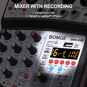BOMGE 4 Channel dj Bluetooth Audio Mini Mixer with Effects, USB Interface, Stereo Recording, 48V Phantom Power for PC,phone(White)