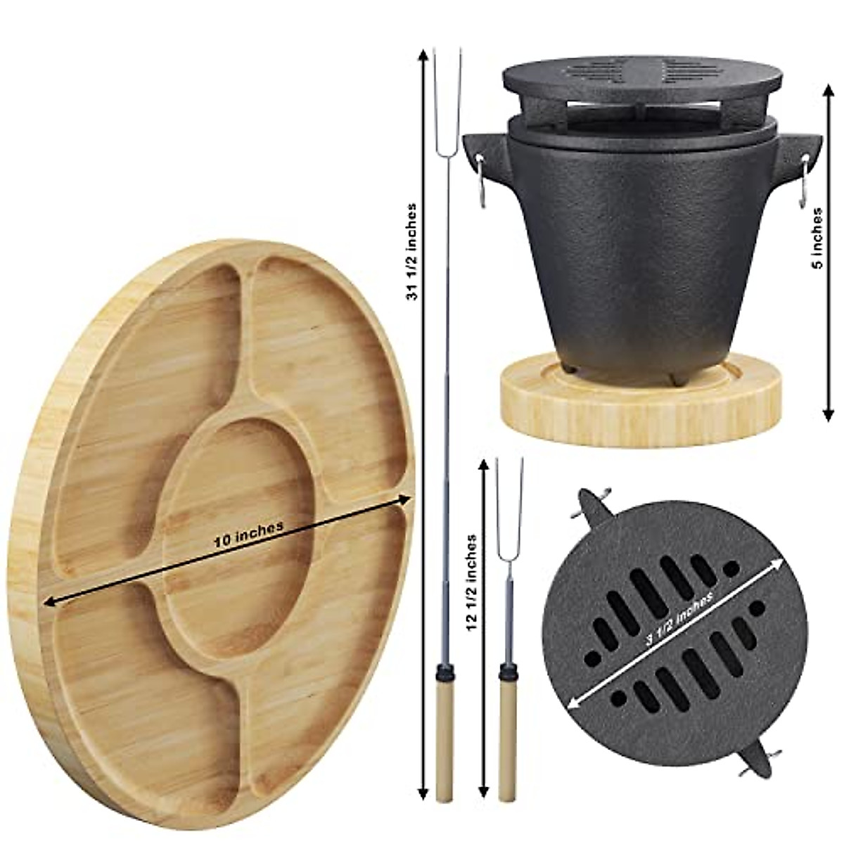 Mini Hibachi Grill Indoor - PuPu Platter Set Or Indoor Smores Kit With 2 Marshmallow Roasting Sticks For Fire Pit And A Bamboo Serving Tray - Smokeless Table Top Smores Maker