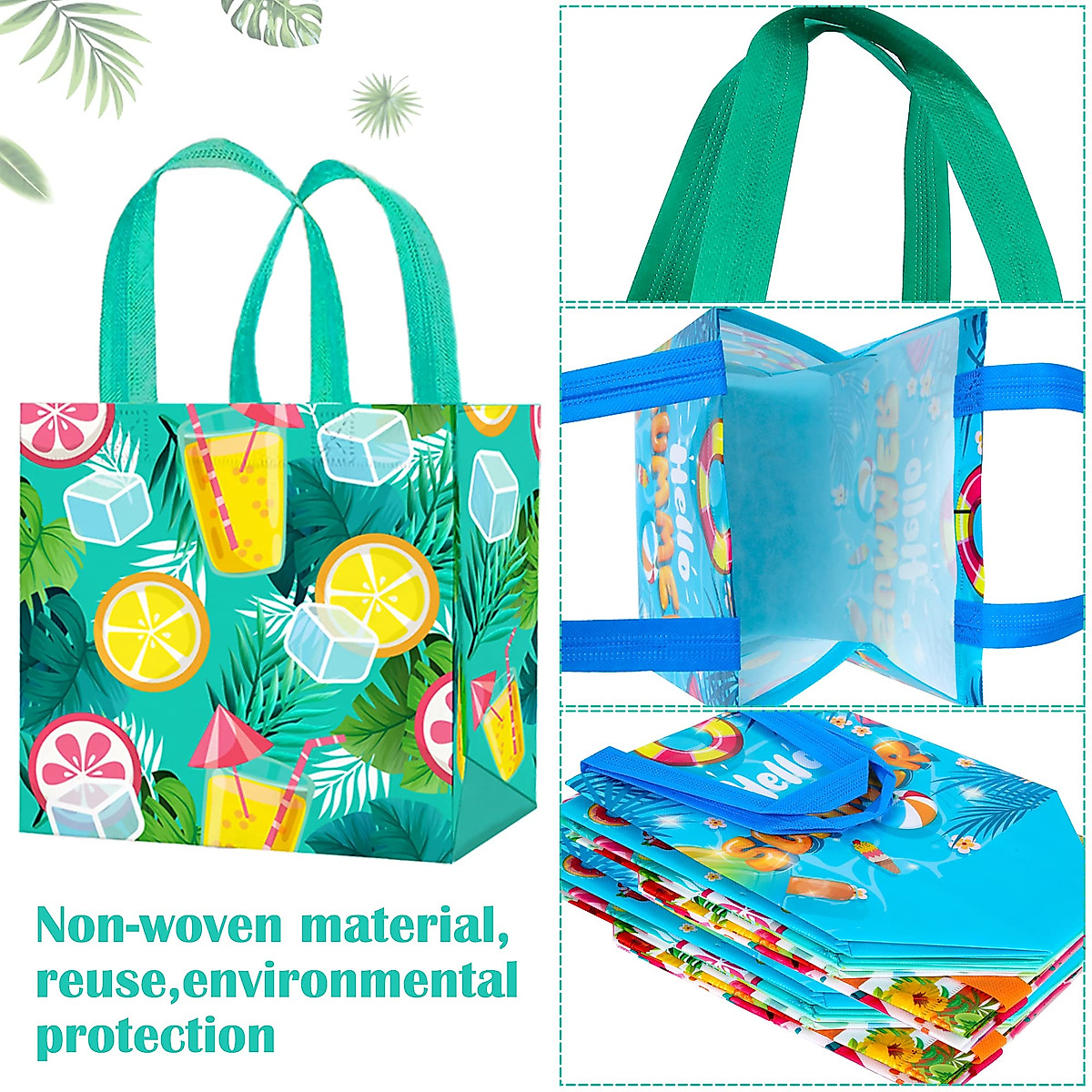 Hawaii Aloha Party Bags Summer Pool Beach Pineapple Watermelon Flamingo Theme Non-Woven with Handles Gift Treat Bags for Hawaiian Summer Pool Party Supplies