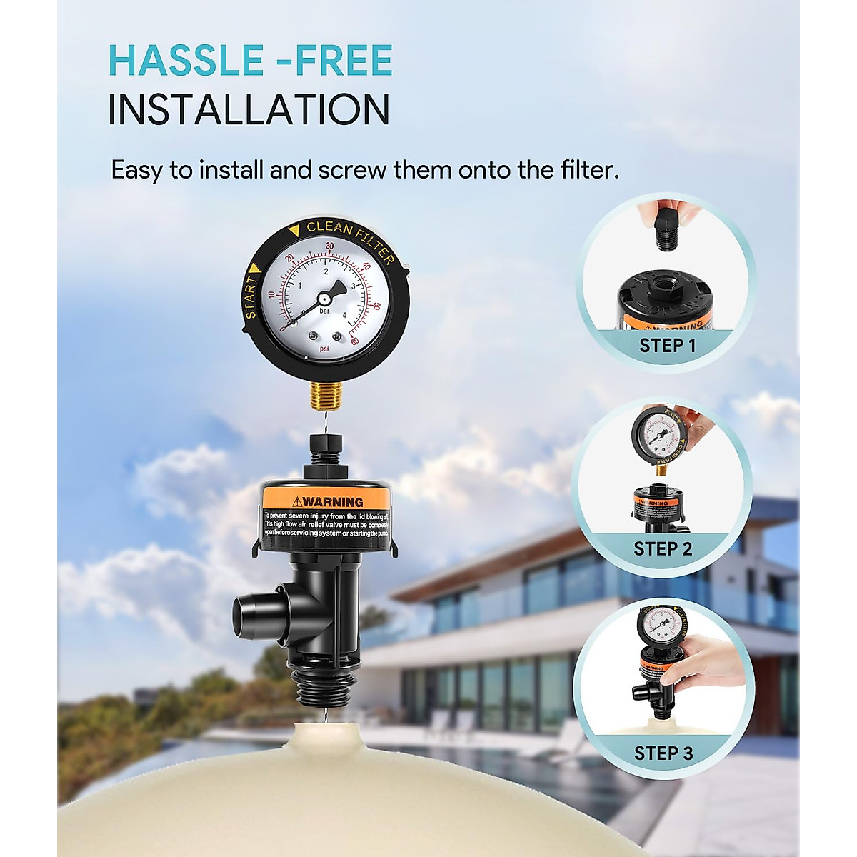 98209800 High Flow Manual Air Relief Valve w/Pressure Gauge Replacement for Pool and Spa Filter