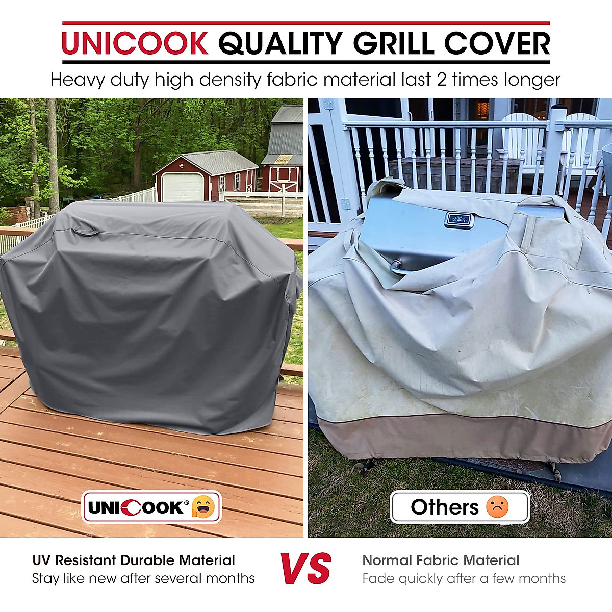 Unicook Grill Cover for Outdoor Grill, 60 Inch BBQ Cover, Heavy Duty Waterproof, Fade Resistant, Weather Resistant, Anti-Rip, Gas Grill Cover Compatible with Weber, Char-Broil, Nexgrill, etc. Grey