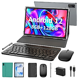 YOBANSE Android Tablet 10 inch, Android 12 Tablet, 8GB RAM 128GB ROM,1TB Expand, 5G WiFi, 4G/LTE, Bluetooth, 8000mAh Battery, GMS Certified, 2 in 1 Tablet with Keyboard, Mouse, Case, Stylus(Green)