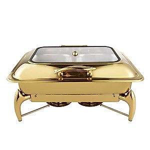 HONHPD 10L Stainless Steel Thickened Buffet Stove, Commercial Hotel Restaurant Breakfast Heating Furnace, Hydraulic Transparent Cover Buffet Stove, Chafing Dish Buffet Set, Gold（Full Size）