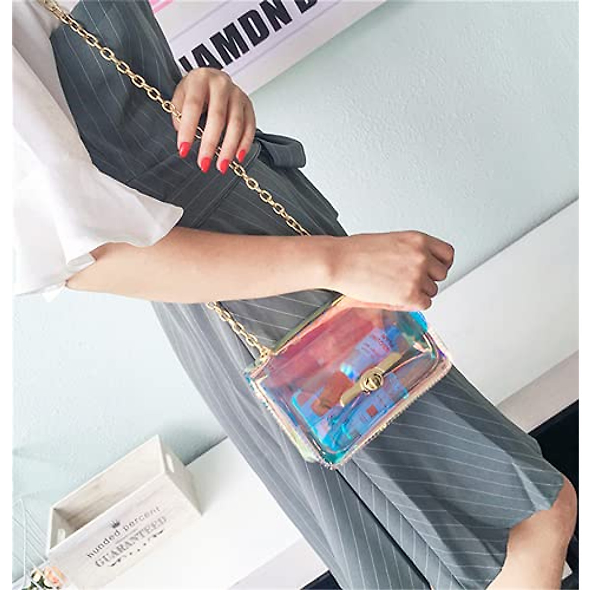 Limmuchi Holographic Bag Iridescent Purse for Women Evening Clutch Clear Purse Stadium Concert Approved (Small-16x5x12cm)