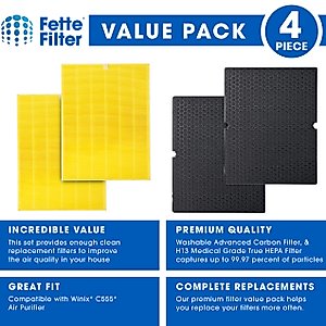 Fette Filter - 116131 Premium True HEPA H13 Replacement Filter I Compatible with Winix C555 Air Purifier 2 Ture HEPA H13 Filters + 2 Enhanced Activated Carbon Filter Compare to Winix 116131 Filter I