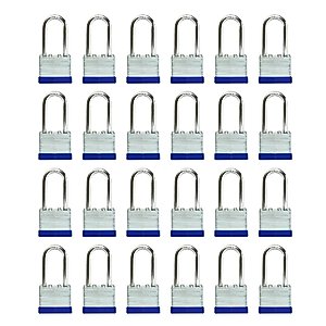 LanuBe Laminated keyed Padlock (1-9/16", 40mm), keyed Alike Locks, Long Shackle,Marked Blue Plastic Hoop, Pack of 24