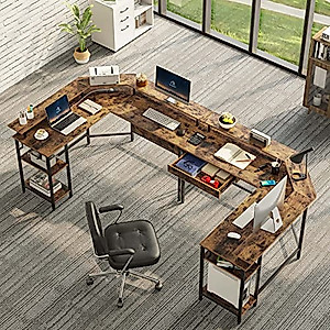Rolanstar L Shaped Gaming Desk with Drawer, 55.1" Reversible Computer Desk with Power Outlets & LED Lights, Home Office Desk with Monitor Stand & Storage Shelf, Desk with Hooks Rustic Brown